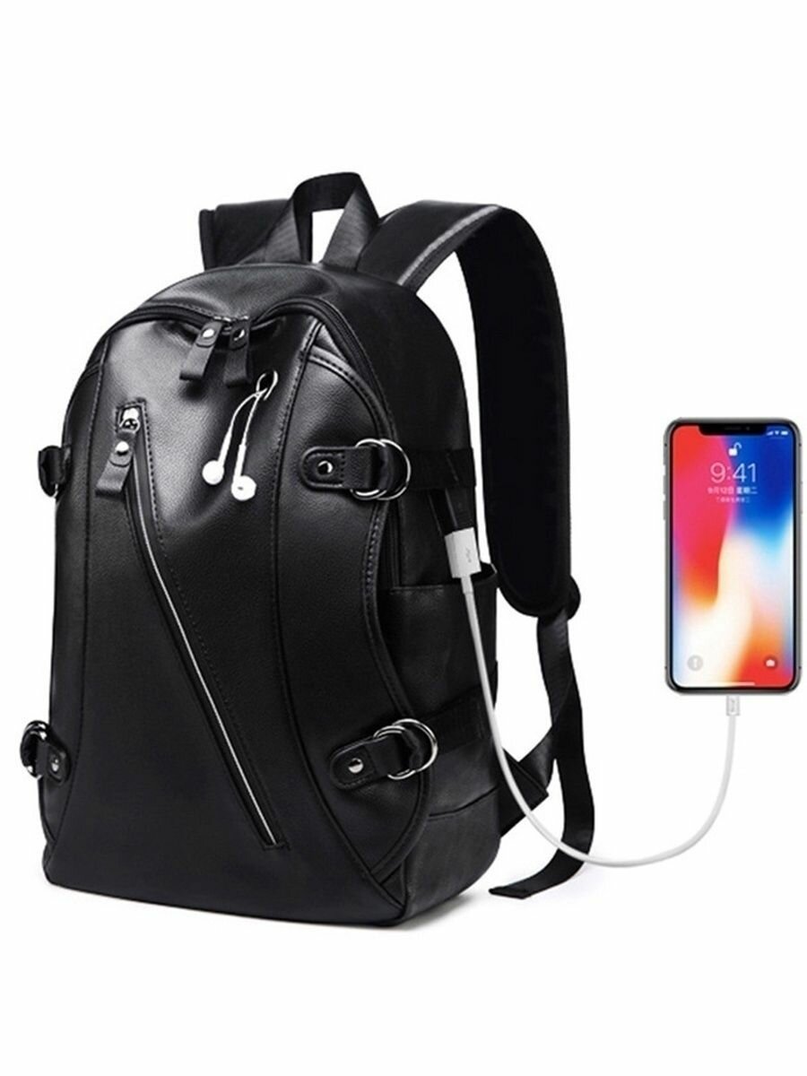Рюкзак мужской, женский, кожаный эко, городской, для ноутбука, чёрный цвет, с usb-разъёмом, водоотталкивающий материал