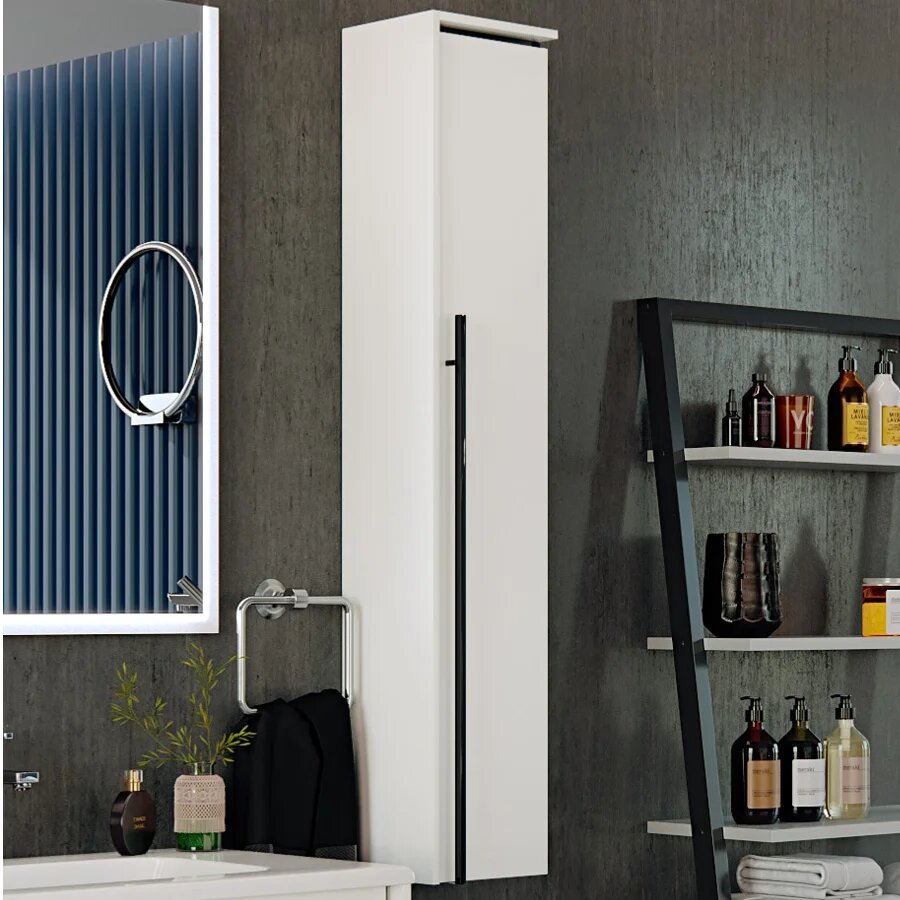 Шкаф-пенал для ванной Roca Aneto R подвесной, 23 см, белый, глянцевый, с дверками, фурнитура черная, из МДФ