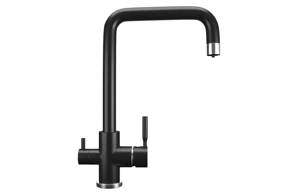 Смеситель для кухни Ulgran U-019 U-019-344 с краном для питьевой воды, с поворотным изливом, черный, матовый, однорычажный, латунный, с керамическим картриджем
