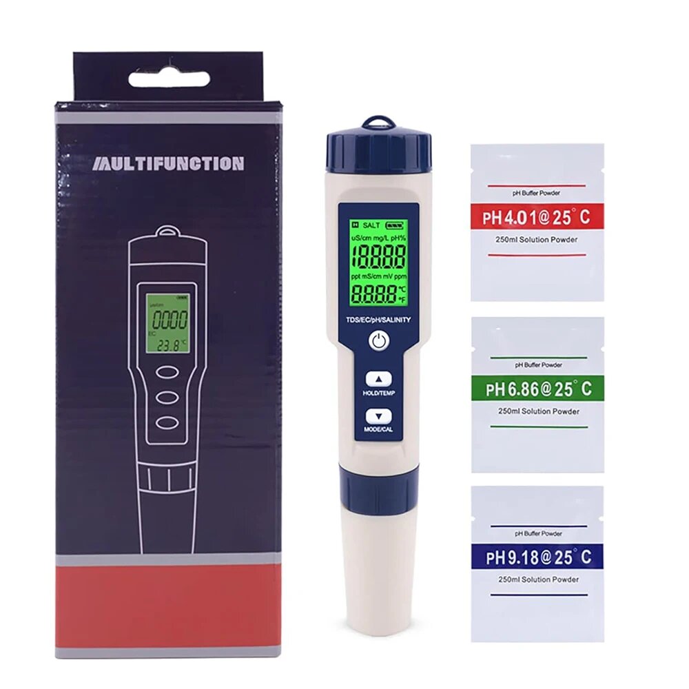 PH-метр для воды 5 в 1, измеритель температуры PH TDS и EC, измеритель солености, тестер PH, цифровой тестер воды TDS и тестер соли для бассейна