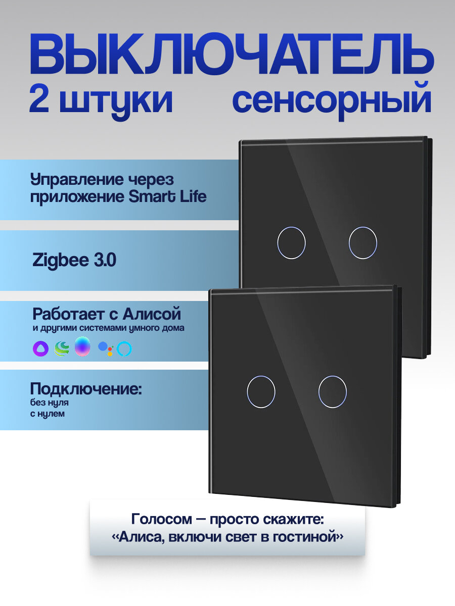 Сенсорный выключатель Zigbee 2шт для умного дома, 2 клавиши (черный)