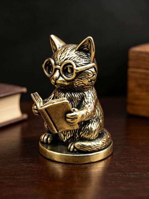 Фигурка для чайной церемонии ЛатуньЧитательская кошка, высота 3.72 см, длина 2.4 см