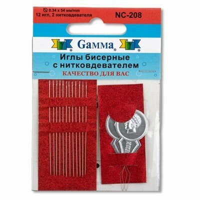 Иглы для бисера Гамма NC-208 с нитковдевателем, диаметр 0,34мм, длина 54мм, простое ушко, сталь, 1034-046, 1 уп (12игл + 2 никтовдевателя)