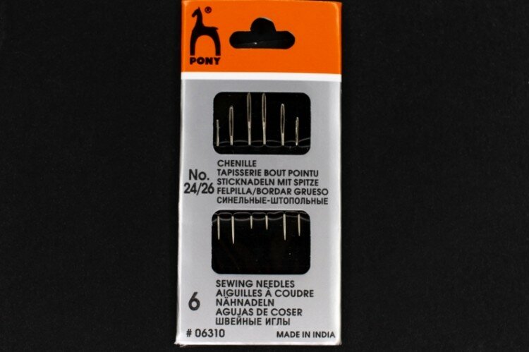 Иглы для синели и глади PONY 06310, размер 24/26, диаметр 0,61/0,69/0,76мм, длина 32,5/34,5/37мм, простое ушко, сталь, 1034-094, 1уп (6шт)