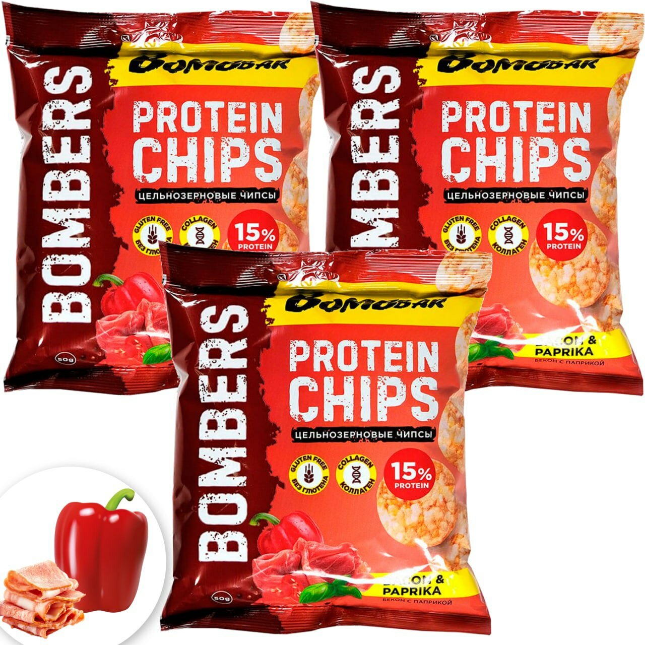 Чипсы BombBar Protein Chips 3 x 50 г, Бекон с паприкой