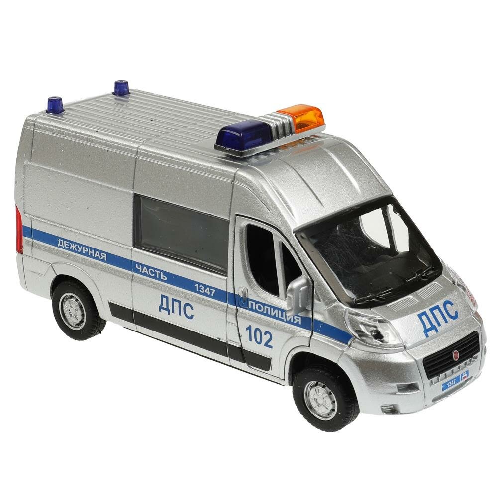Модель машины Технопарк Fiat Ducato, Полиция, серебристая, инерционная, свет, звук DUСАТО-14SLРОL-SR