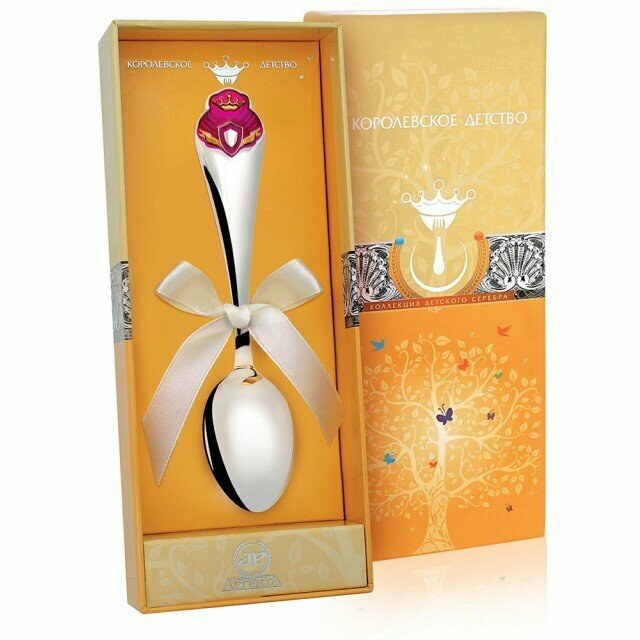 Серебряная детская ложка Принцесса КД с эмалью позолота в футляре