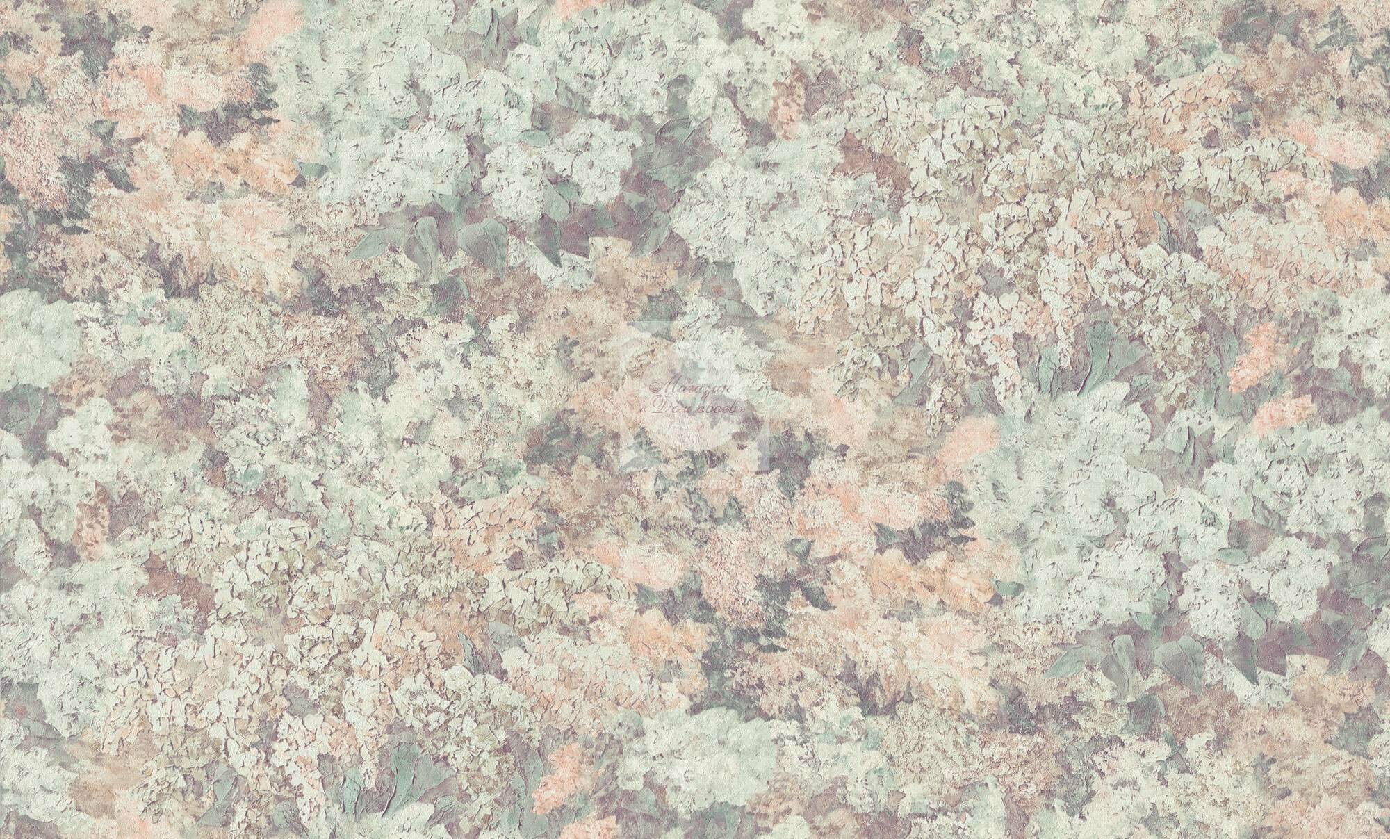 Обои Сирень 4115-3 виниловые, флизелиновые Московская обойная фабрика мята-коралл 1,06*10 м