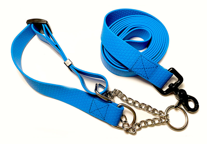 Комплект из биотана гриппи шир.25 мм синий ошейник на цепочке и поводок XL (45-70см)/2м