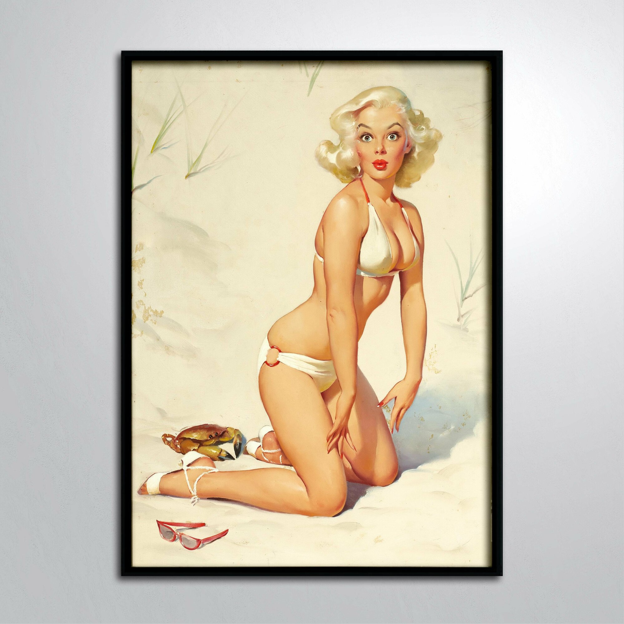 Постер без рамы/Постер для интерьера/Винтажный Плакат Пин Ап Белый Купальник Pin-up