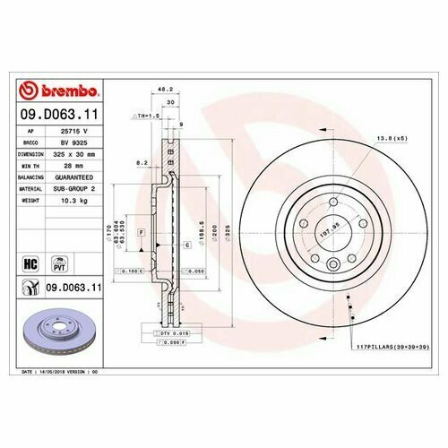 Тормозной диск передний Brembo 09D06311 для Jaguar XE, XF