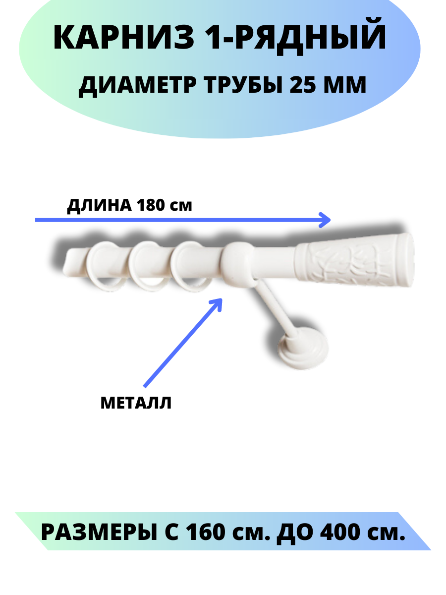 Карниз металлический Египет, 1-рядный, гладкий, D-25 мм, цвет белый, 1,8 м.