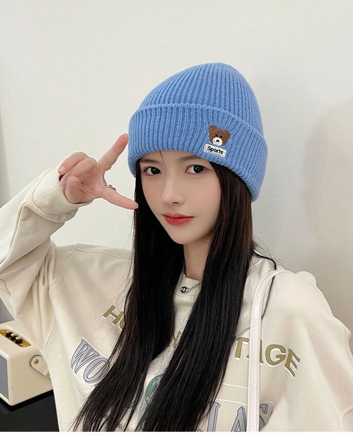 Шапка-бини Шапка женская бини с медвежонком осенняя зимняя цвет голубой для женщин