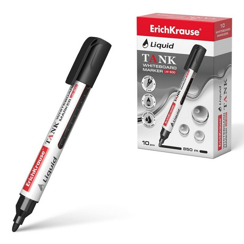 Маркер для досок жидкий ErichKrause Tank LW-600, цвет чернил черный (3 шт. в упаковке)