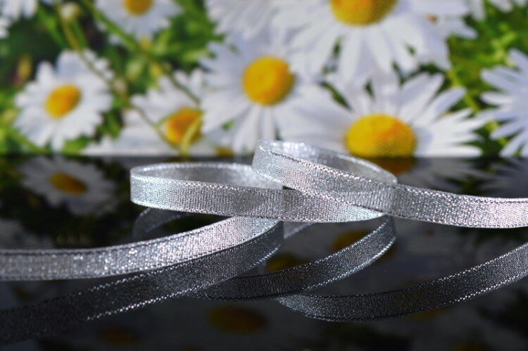 Лента металлизированная (парча) 9мм, цвет серебро, полиэстер/нейлон, 52-004, 1 метр