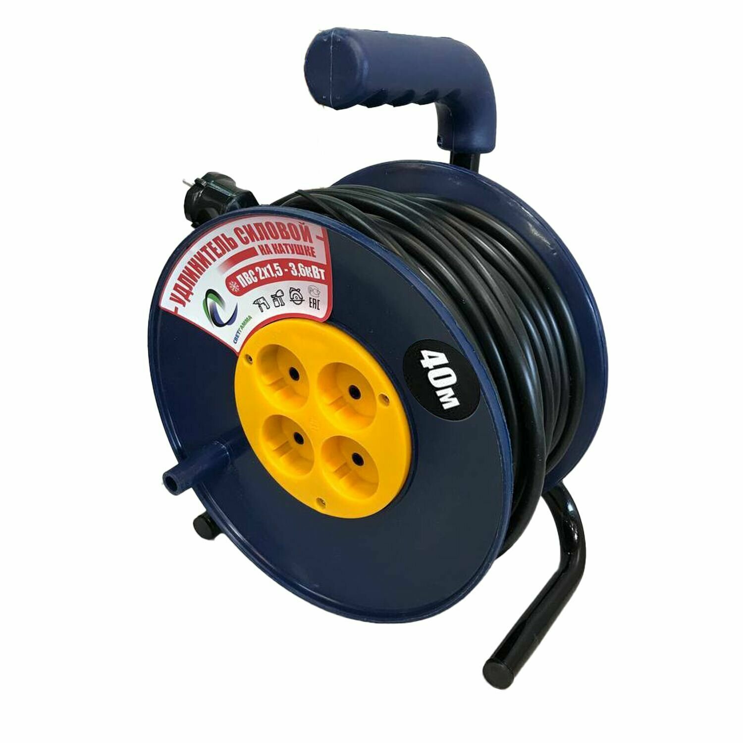 Удлинитель силовой на катушке, 4 гнезда, 40м, ПВС (2х1,5), 3500 Вт, СветГамма