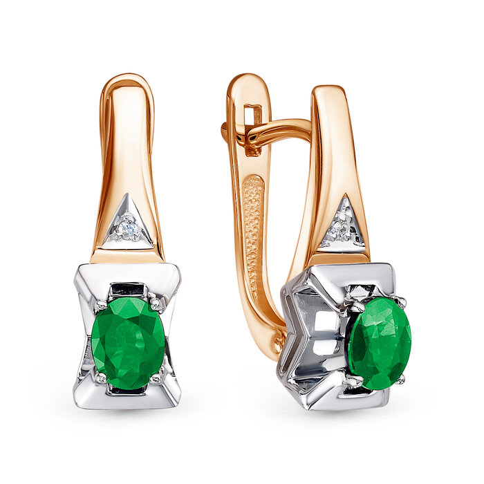 Серьги, комбинированное золото, 585 проба, изумруд, бриллиант