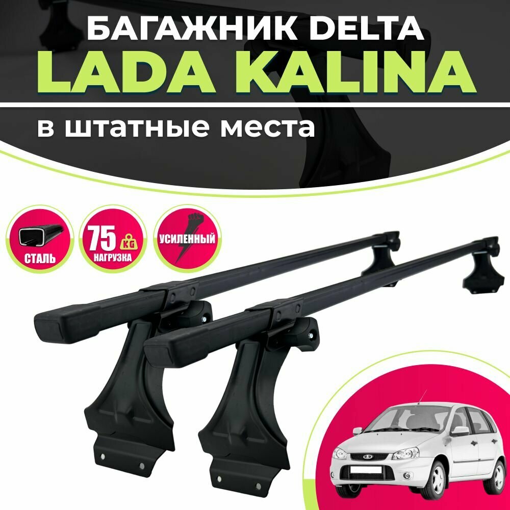 Багажник для Lada Kalina на крышу в штатные места DELTA : 2 - рейки (20х30) 1,2м, черный пластик + стойки окрашенные 4 шт.