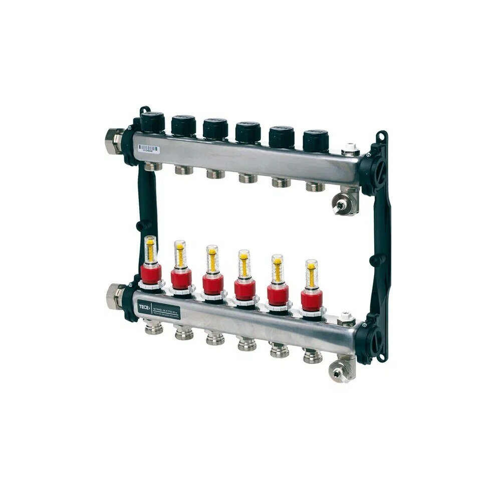 Коллектор для теплого пола Tece (77310006) 1 ВР(г) х 6 выходов 3/4 НР(ш) ЕК х 1 ВР(г) с расходомерами