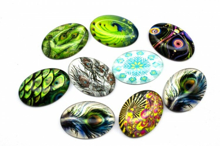 Кабошон стеклянный овальный с принтом Перья 25х18х5мм, цвет разноцветный, 2001-002, 1шт