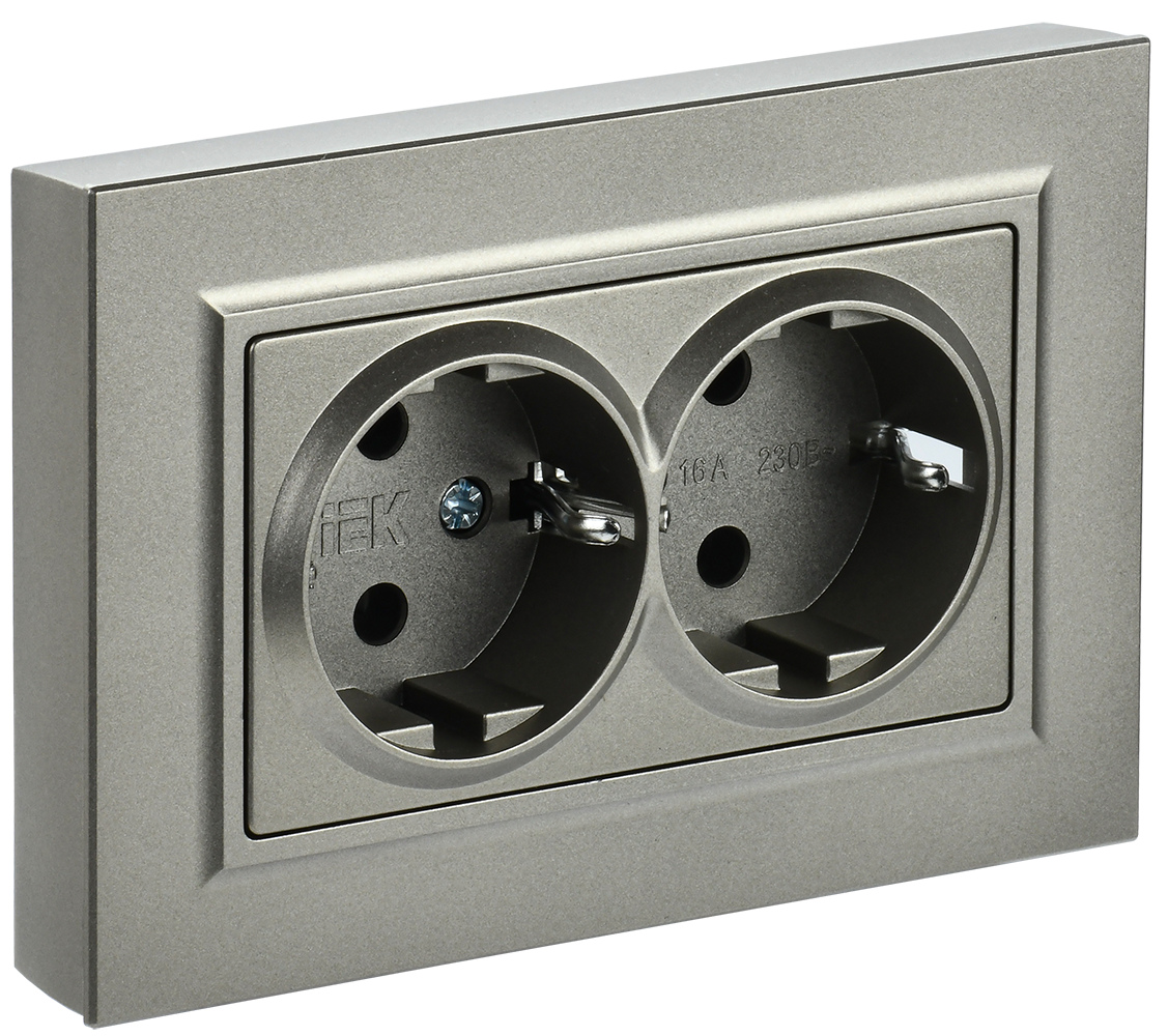 BRITE Розетка двухместная с заземлением без защитных шторок 16А в сборе РС12-3-БрШ шампань IEK