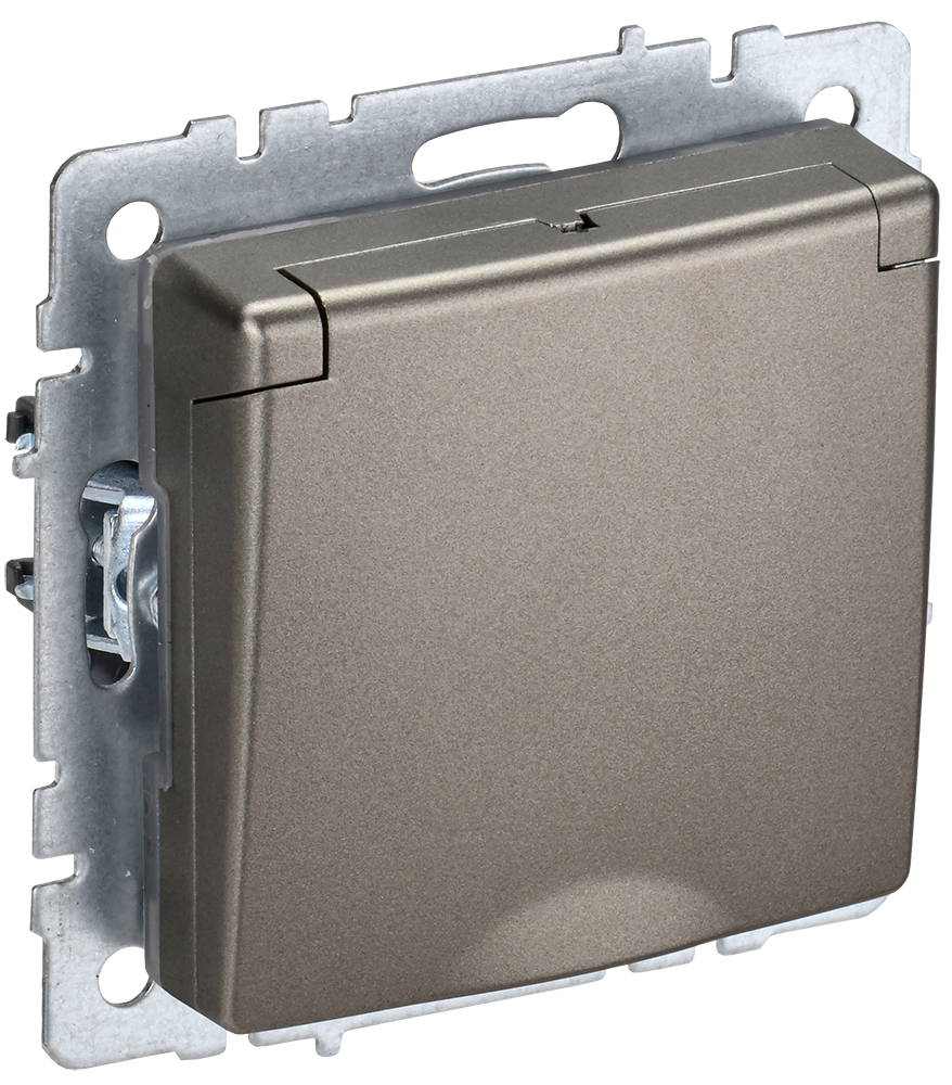 Розетка одноместная с заземлением с защитными шторками и крышкой 16А IP20 РСбш10-3-БрШ шампань IEK серия BRITE