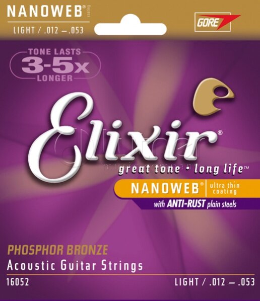 Elixir 16052 NanoWeb Phosphor Bronze - струны для акустической гитары, 12-53