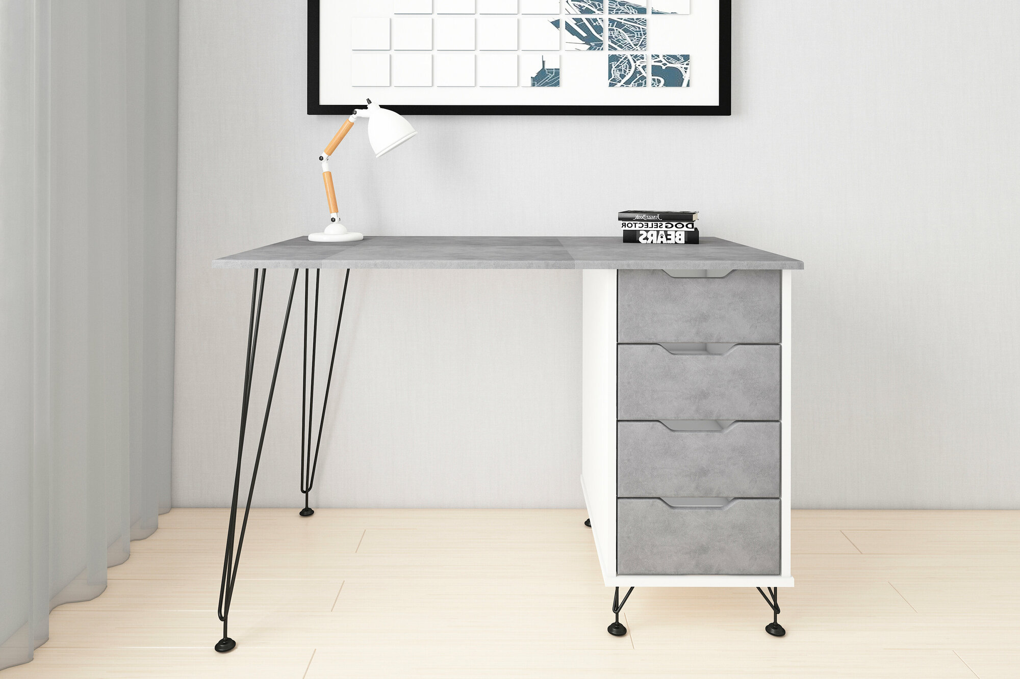 Письменный стол ВМФ Kraft, с четырьмя ящиками, белый-бетон лофт грей, 110×60×73см