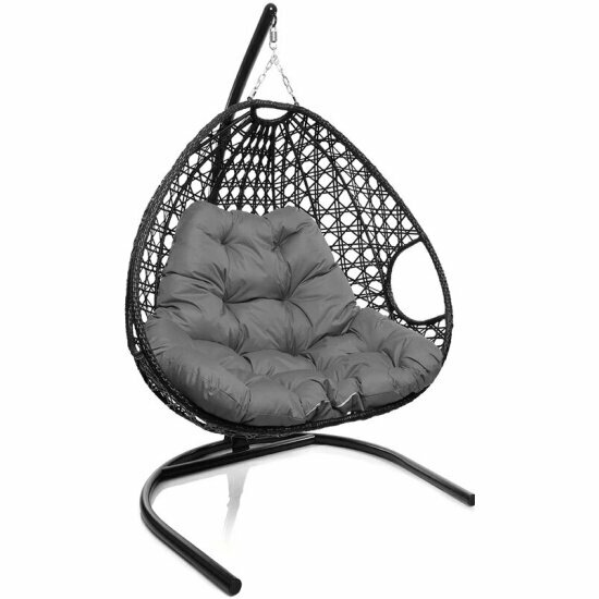 Подвесное кресло M-group для двоих люкс с ротангом чёрное, серая подушка