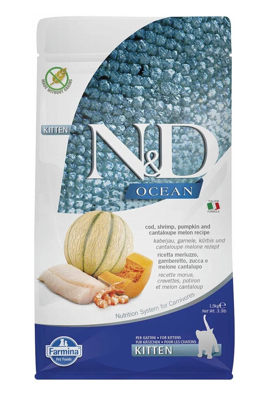 Корм сухой Farmina ND Ocean Cat Cod Shrimp Pumpkin Cantaloupe Melon Kitten для котят треска креветка тыква и дыня 1,5кг