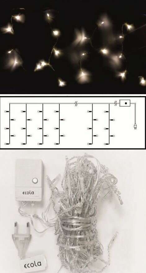 Ecola LED гирлянда 220V IP20 Бахрома 3x0.5м 80Led 4000K, 8 режимов, прозр. провод с вилкой