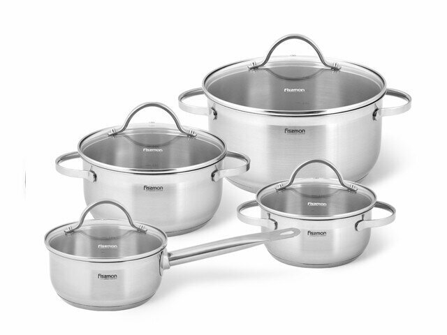 15816 FISSMAN Набор посуды GABRIELA 8 пр.(нерж. сталь) Ковш 14х7,5см - 1,1л, Кастрюля 16х7,5см - 1,5л, Кастрюля 20х9,5см - 3л, Кастрюля 24х11,5см - 5,2л; Крышки стекло; Индукция; Термоаккумулирующее многослойное дно.