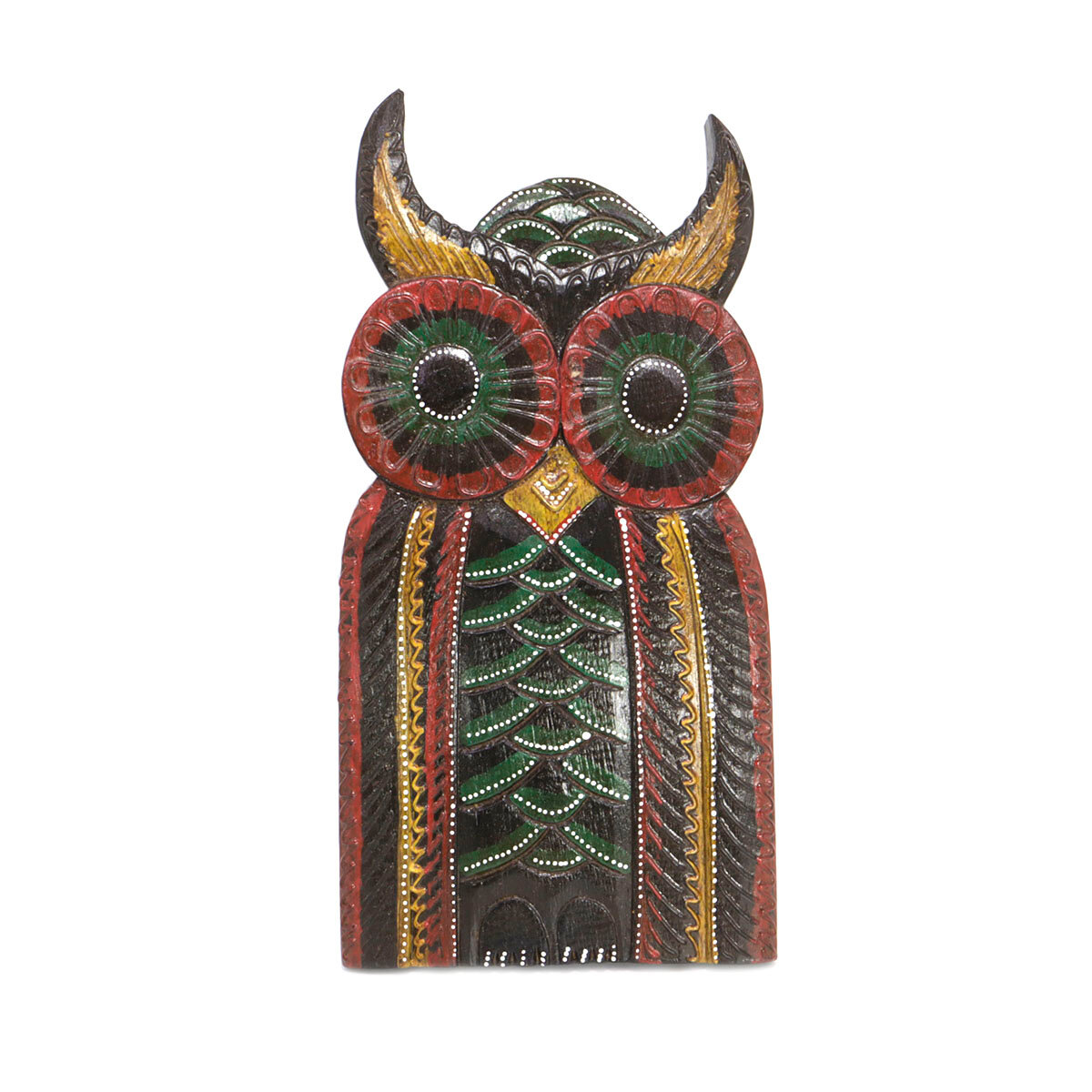 Панно настенное разноцветная тёмная сова - благополучие и достаток в дом через мудрость и удачу (дерево суар, роспись, 30 см.), с острова Бали, 1 шт.