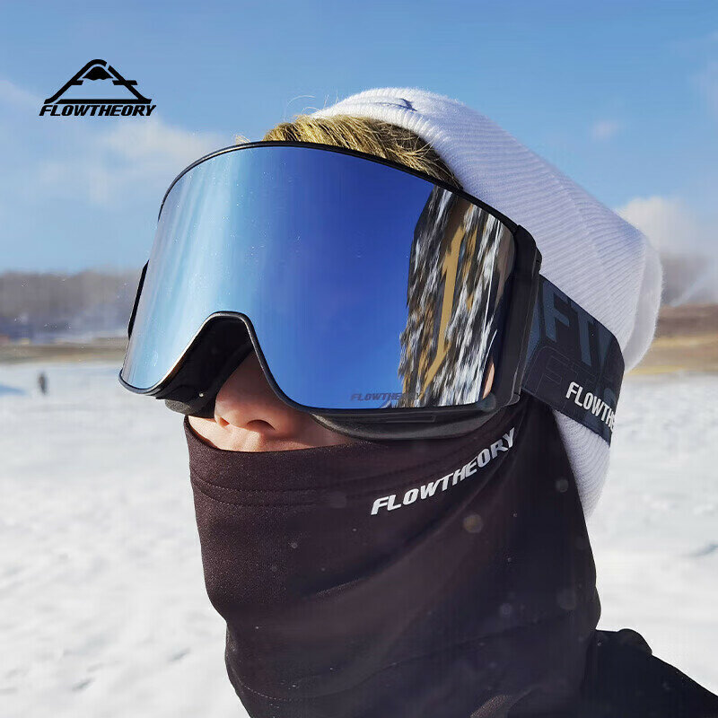 Flow Theory Ski Goggles, Double-Layer Anti-Fog, Magnetic, Coated, UV-Resistant, for Single And Double Board, Protective Eyewear, Ski Glasses, Black Frame with Black Lenses