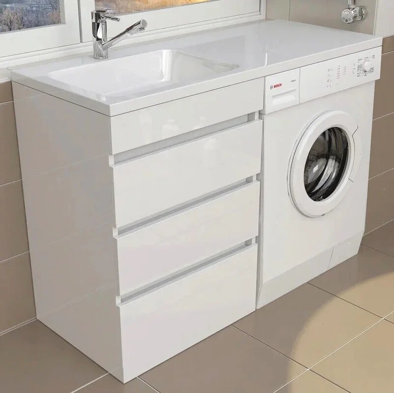 Тумба с раковиной Emmy Джерси 120 под стиральную машину, 3 ящика, раковина Аванти 120 L (кронштейн в комплекте)