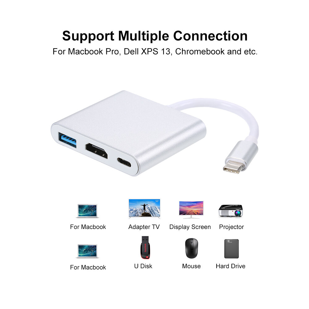 Док-станция USB-C: адаптер 3-в-1 (USB 3.0/HDMI/Type-C), для Macbook Pro, Dell XPS 13