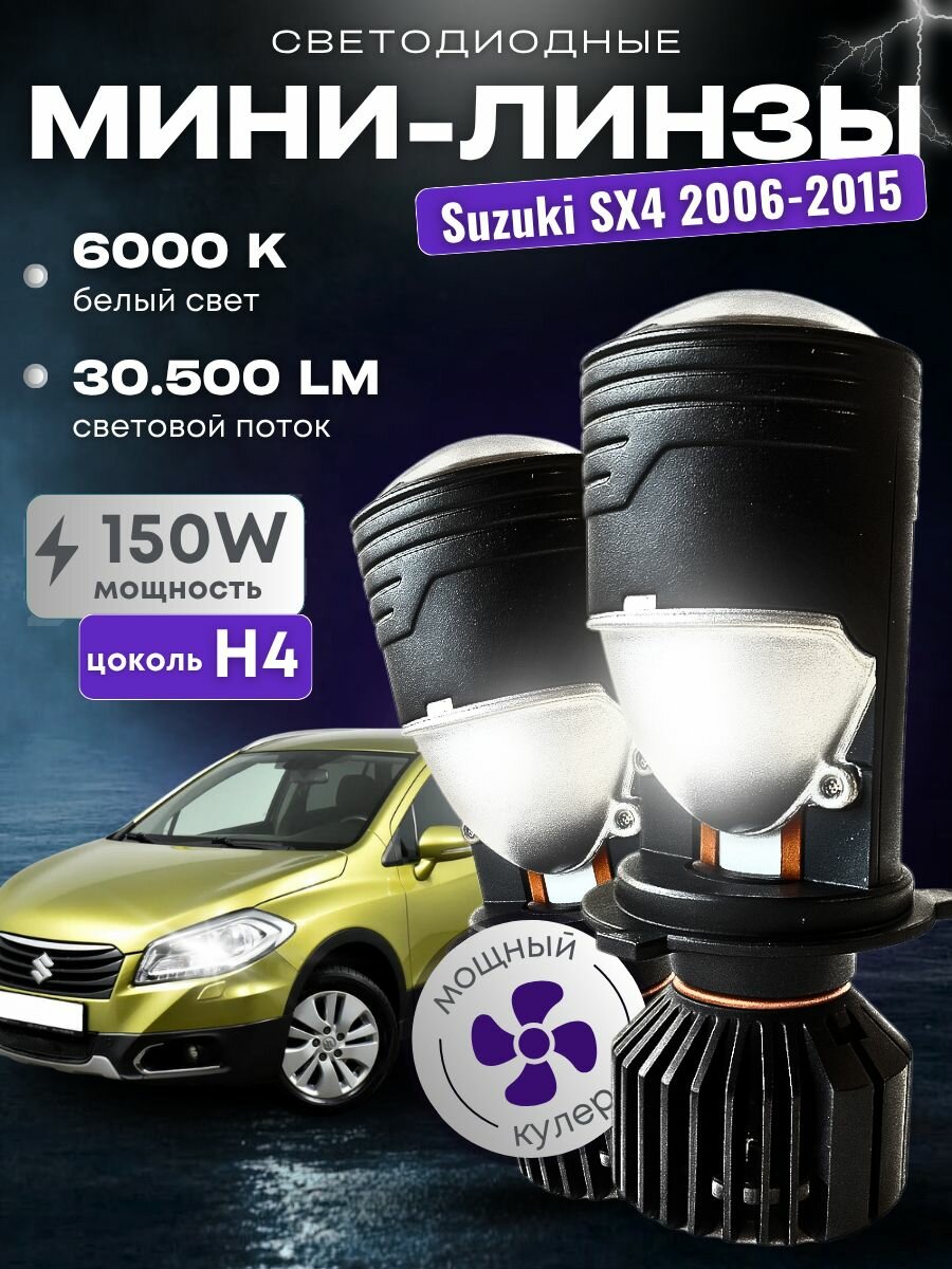 Светодиодные мини линзы H4 LED в фары Suzuki SX4 2006-2015 г. в, Н4 лед лампы c линзой H4 для Сузуки СХ4