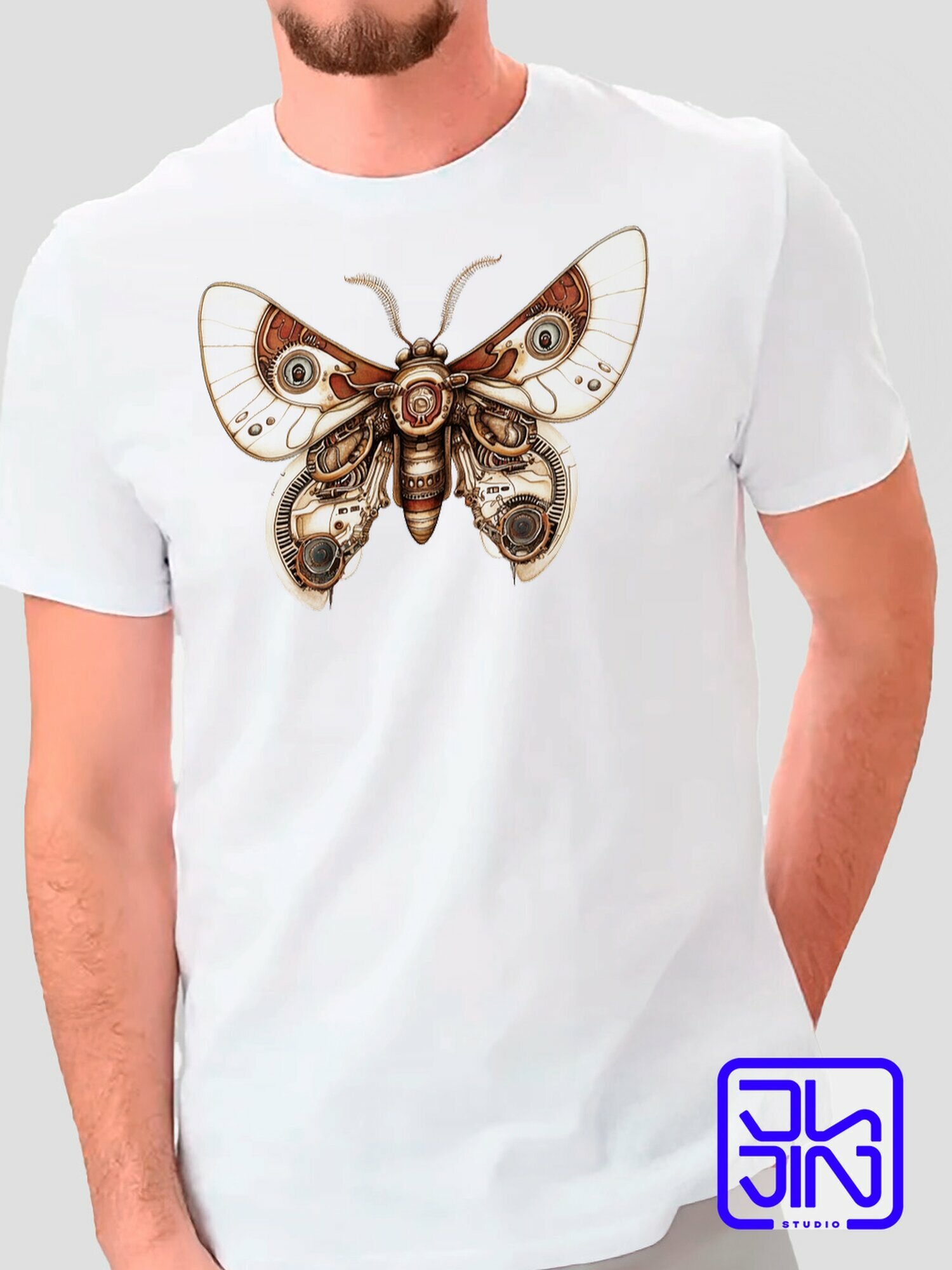 Футболка классическая мужская с авторским принтом Винтажная коричневая бабочка в стиле стимпанк, ретро шоколадный киберпанк, белый хлопковый трикотаж с прикольным рисунком на груди