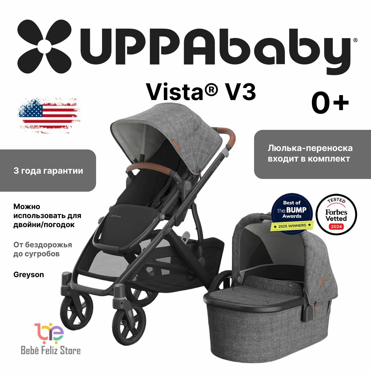 Реверсивная коляска-трансформер 2в1 UPPAbaby Vista V3 прогулочный блок и люлька Greyson, темно-серый