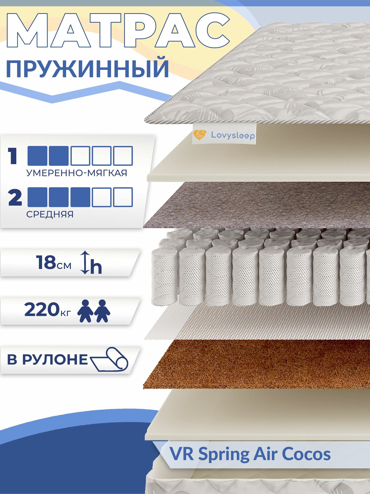 Матрас VR Spring Air Cocos 180х190 см, независимые пружины, 18 см, двуспальный, двусторонний с разной жесткостью, в рулоне