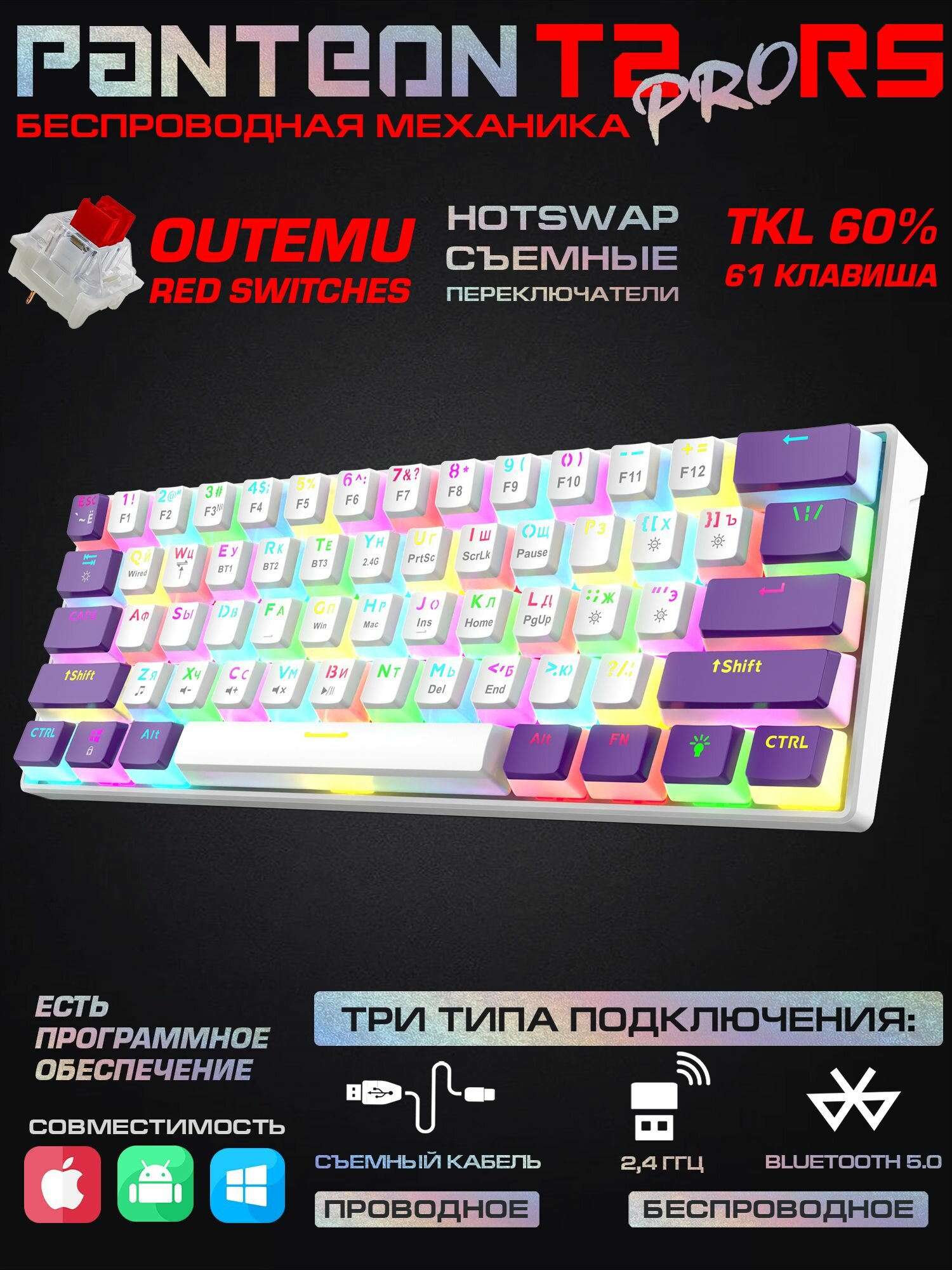 Механическая клавиатура беспроводная PANTEON T2 PRO RS White-Purple (78)