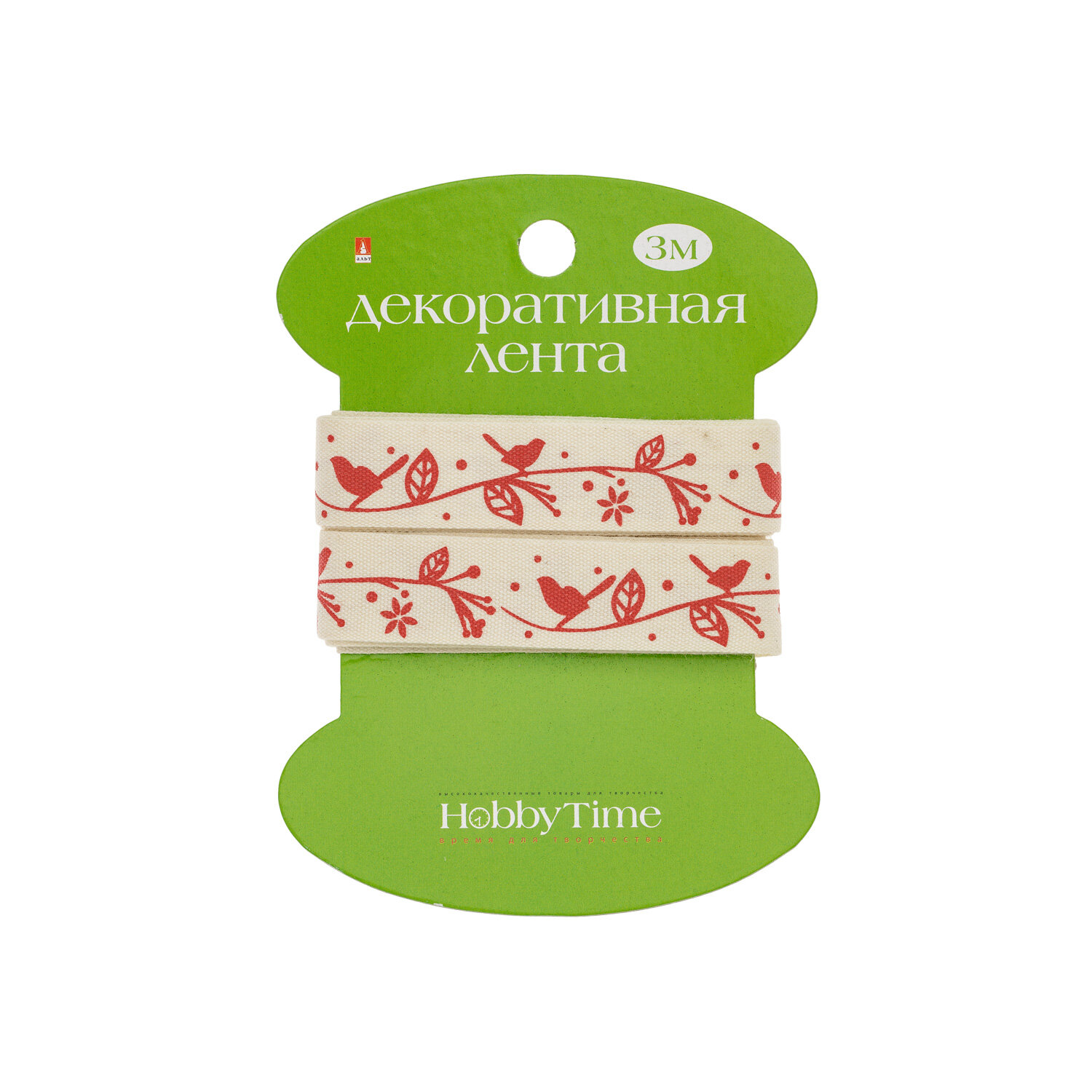 Лента декоративная из хлопка "птички", ширина 1,5 СМ, длина 3 М, 3 цвета, Арт. 2-607/16, квант заказа 3 шт.