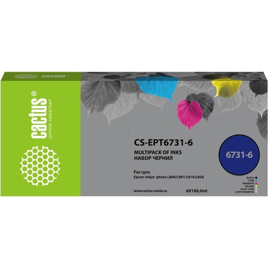 Чернила Cactus CS-EPT6731-6 T673 многоцветный набор 6x100мл для Epson L1800, L800, L805, L810, L850 (C13T67314A C13T67324A C13T67334A C13T67344A C13T67354A C13T67364A)