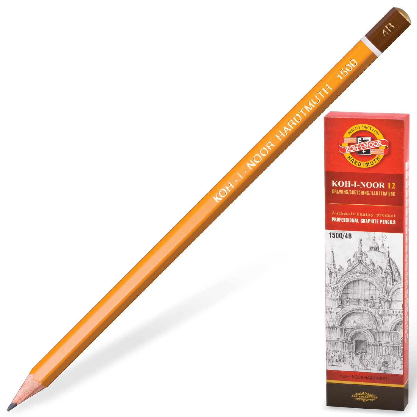 Карандаш чернографитный KOH-I-NOOR 1500, 1 шт, 4B, без резинки, корпус желтый, заточенный, 150004B01170RU