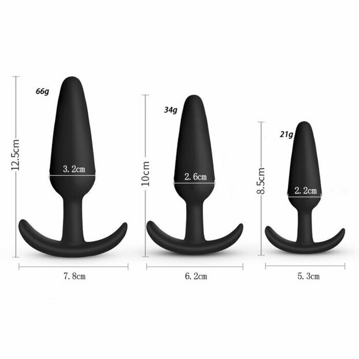 Анальная пробка, конус, 3 штуки, софт-силикон, S-M-L, черный