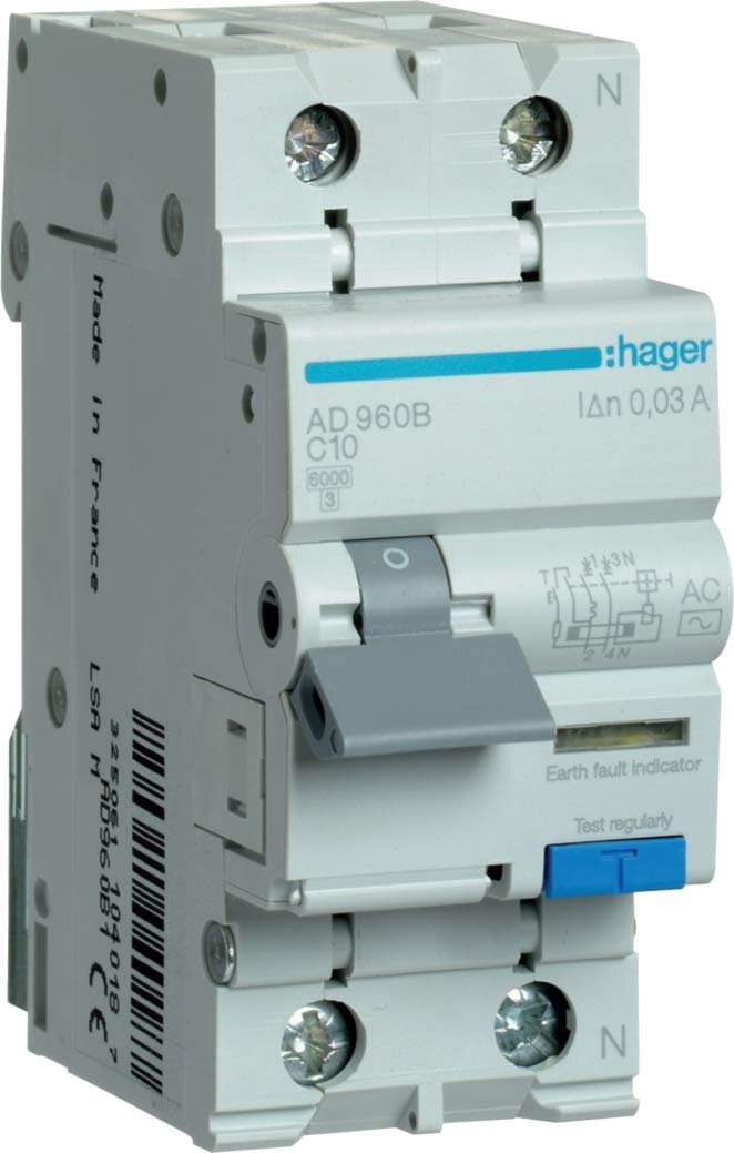 Дифференциальный автоматический выключатель 1P+N 6kA C-10A 30 мА Тип AC, ширина 2М