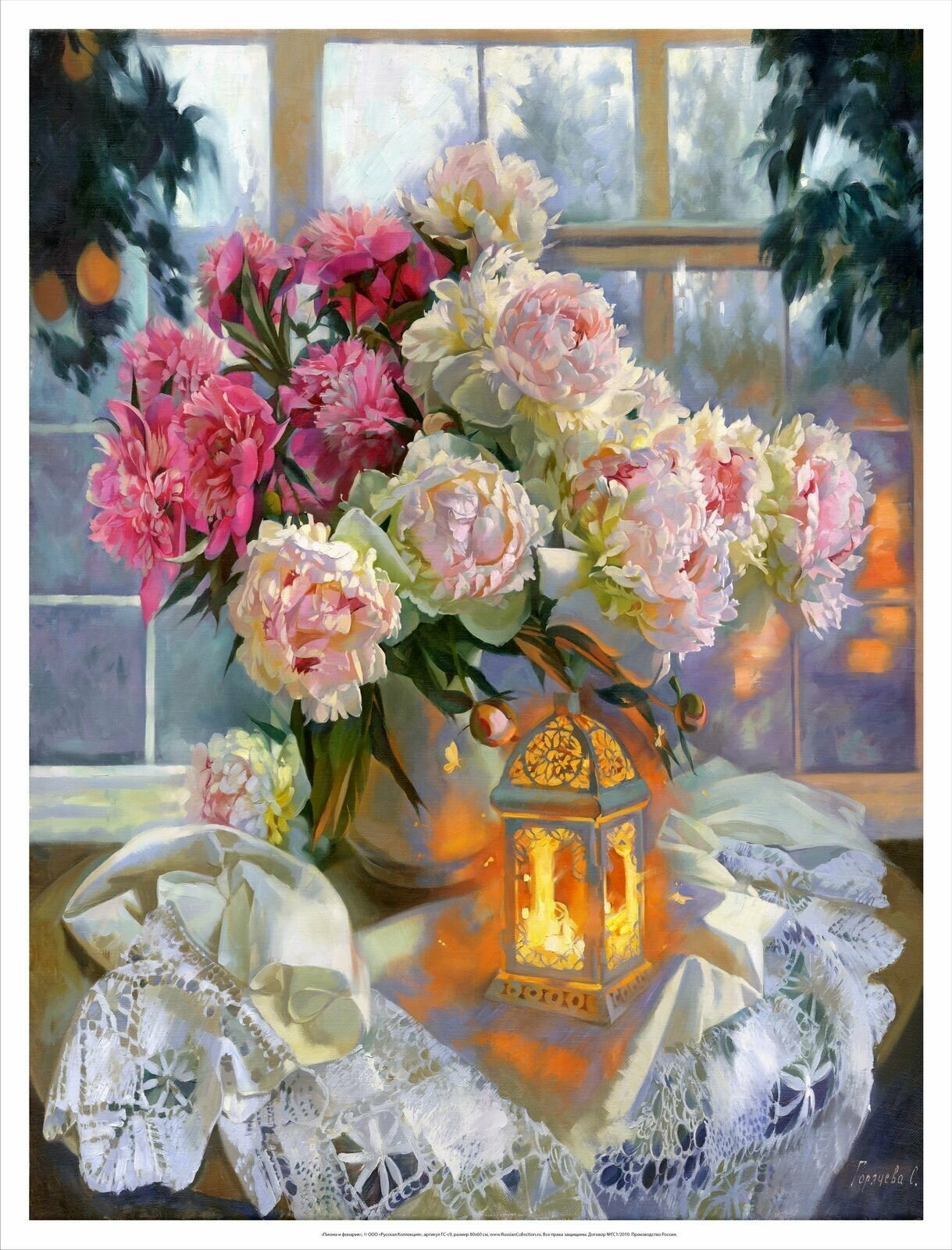 Постер на холсте, "Пионы и фонарик", 80х60 см, художник - Горячева Светлана. Холст в рулоне. Арт. ГС-р9