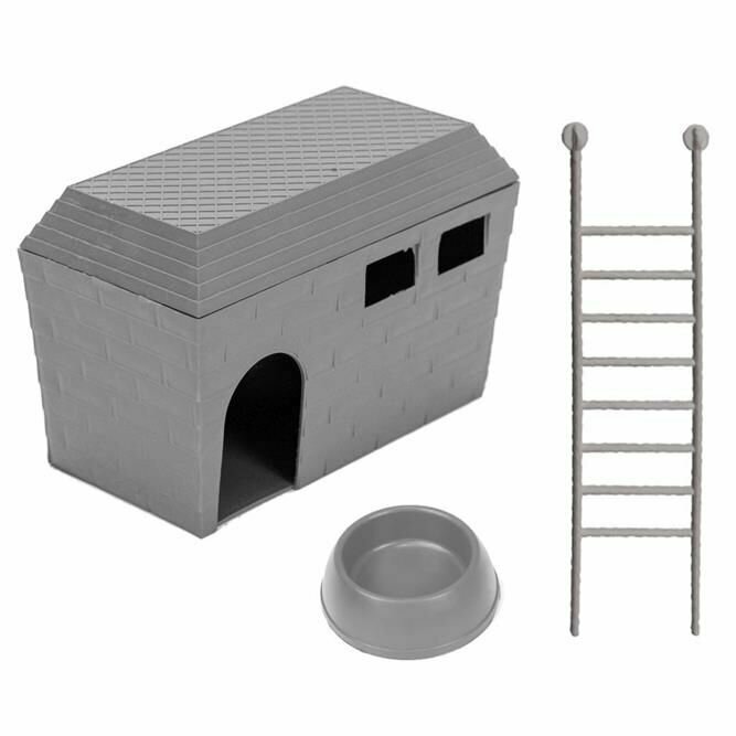 HOMEPET Домик для грызунов, в комплекте миска и лесенка, пластиковый, серый, 15 см х 8,5 см х 10 см
