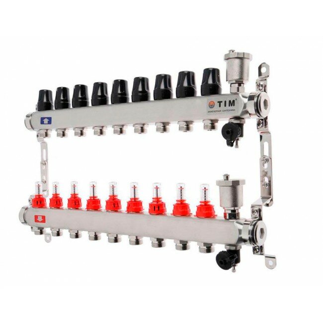 TIM Коллектор С расходомерами без кранов 1", 9 выходов x 3/4"EK нерж (упак. шт. 1/2) KCS5009