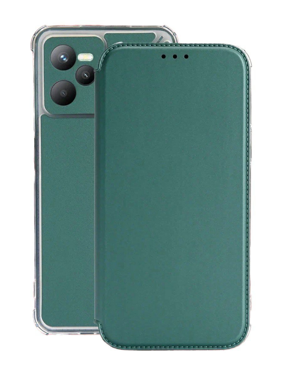 Чехол-книжка c противоударным бампером с усилиленными углами на Realme С35 Темно-зеленый